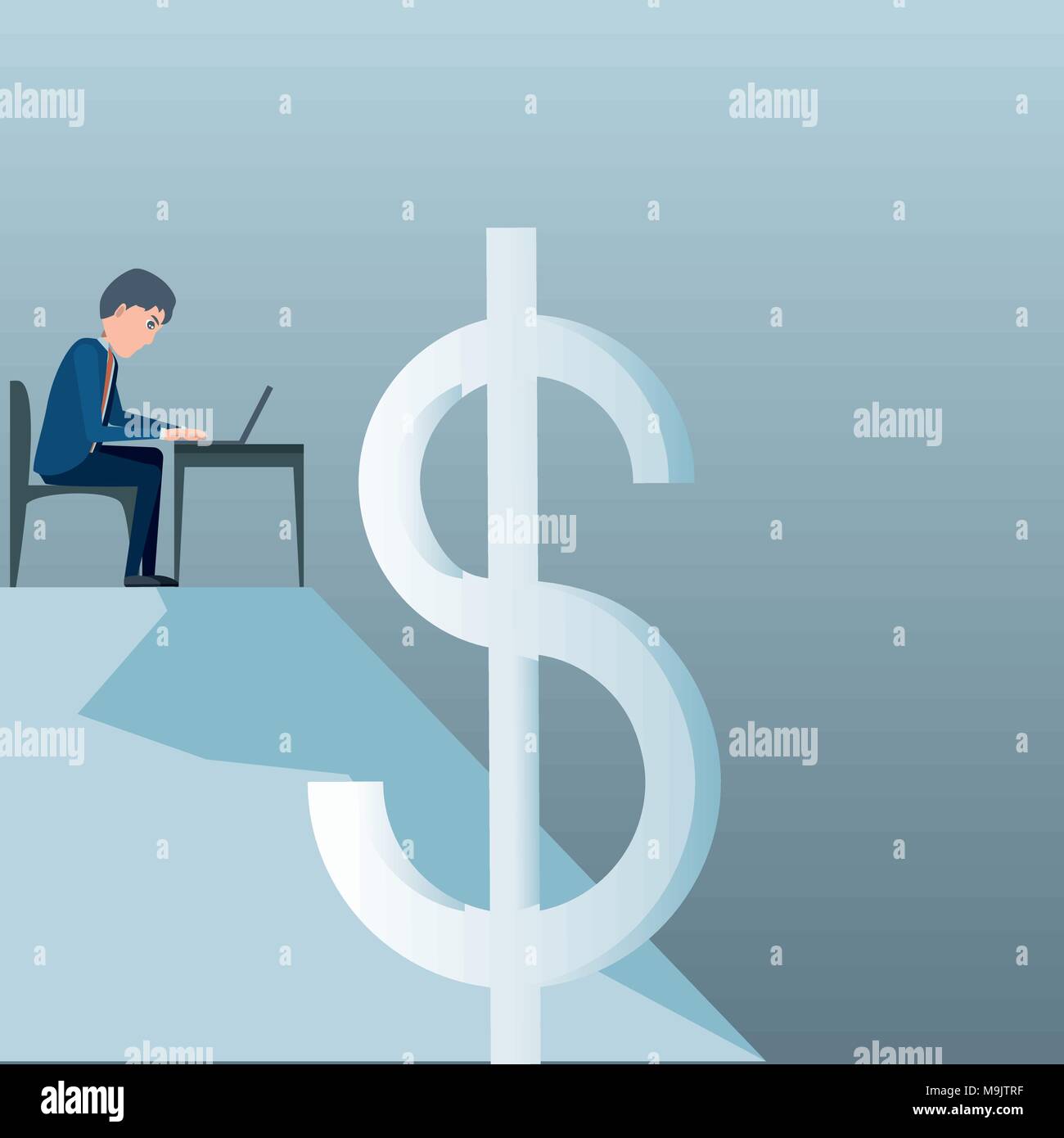 cartoon businessman at the desk and big money symbol over gray ...