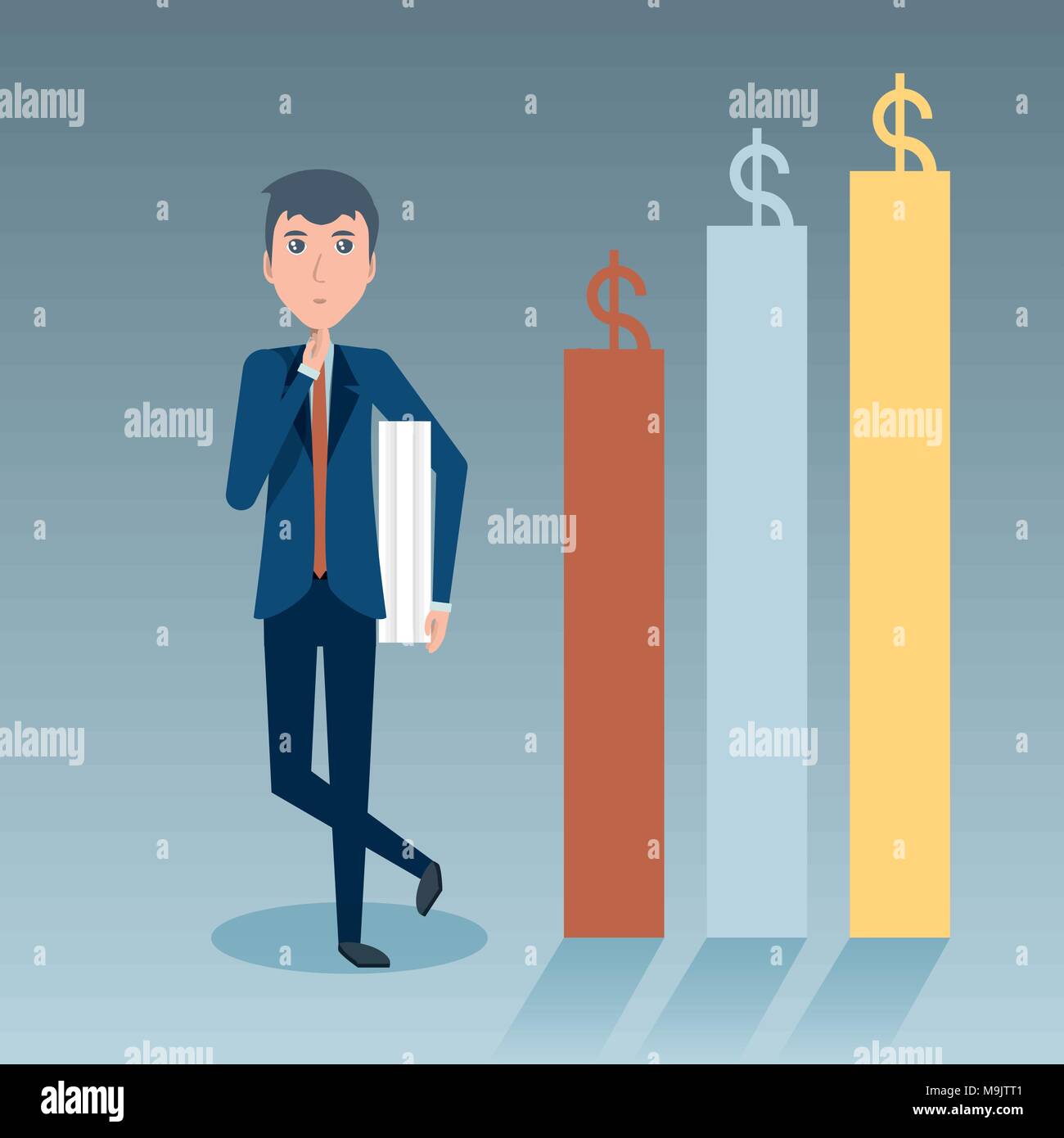 cartoon businessman and money chart over gray background, colorful ...