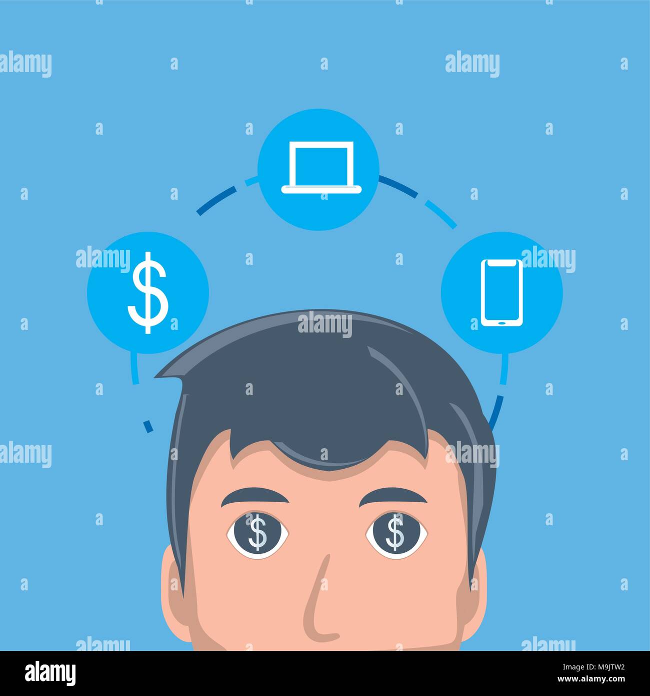 Cartoon businessman head with business related icons around over blue ...