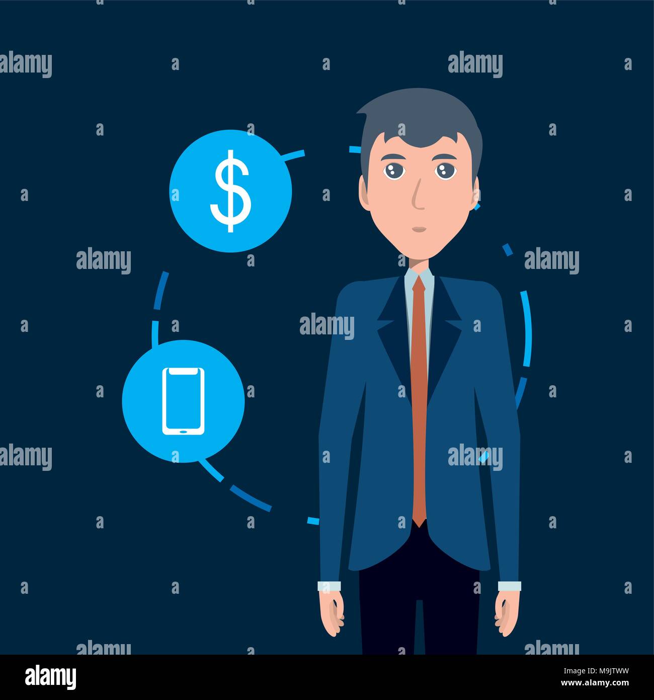 cartoon businessman with business related icons over blue background ...