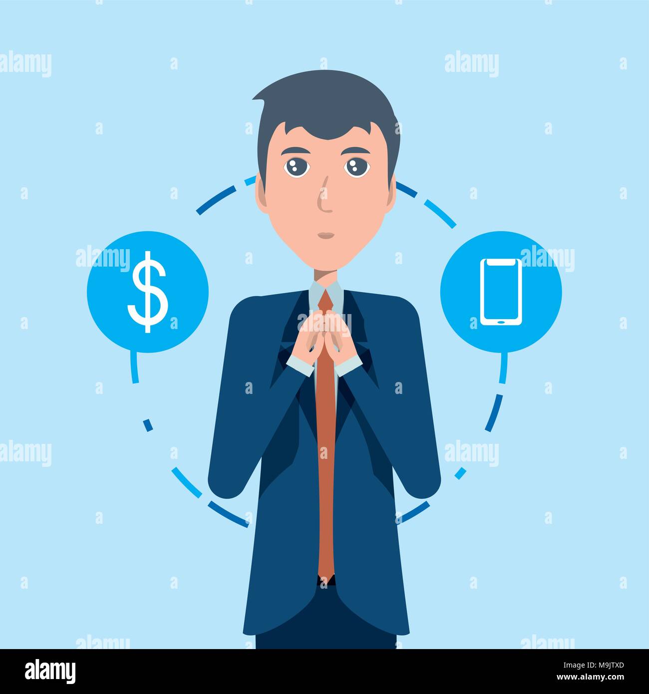 Cartoon businessman thinking with business related icons around over ...