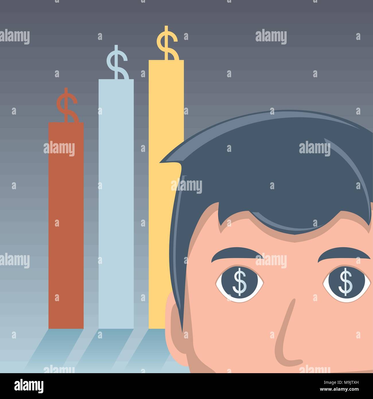 money chart and cartoon businessman head with eyes with money symbols ...