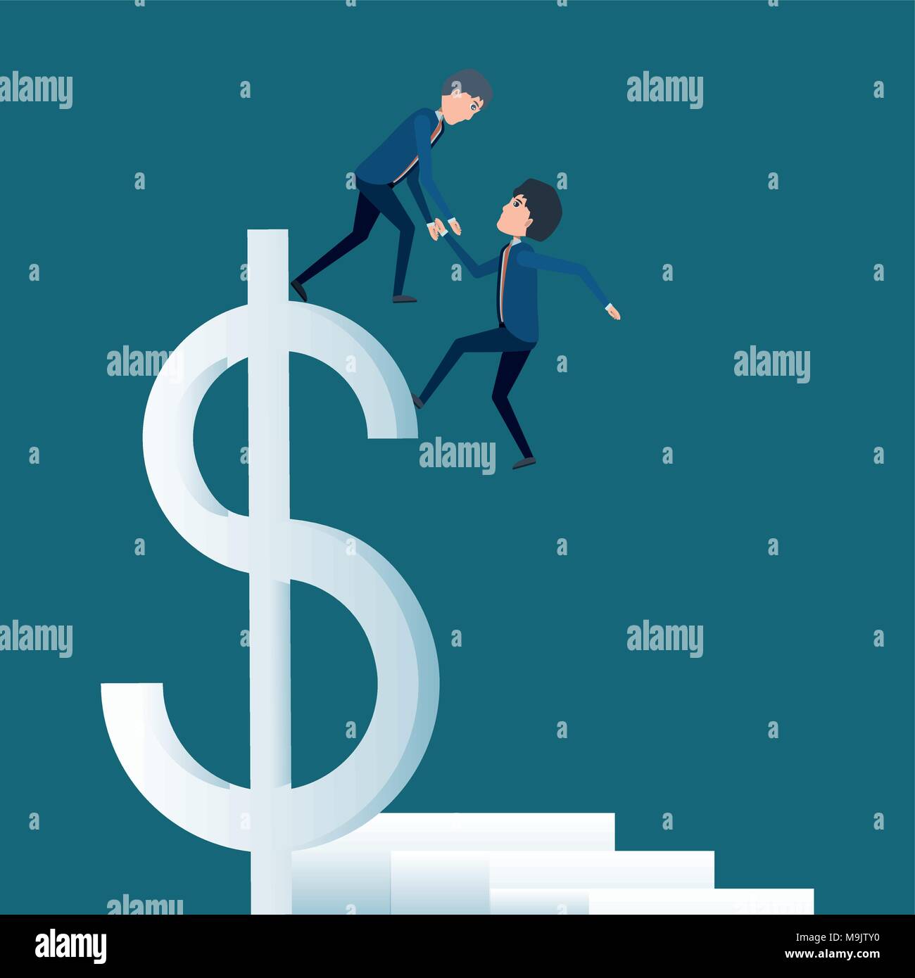 cartoon businessman helping other and big money symbol over blue ...