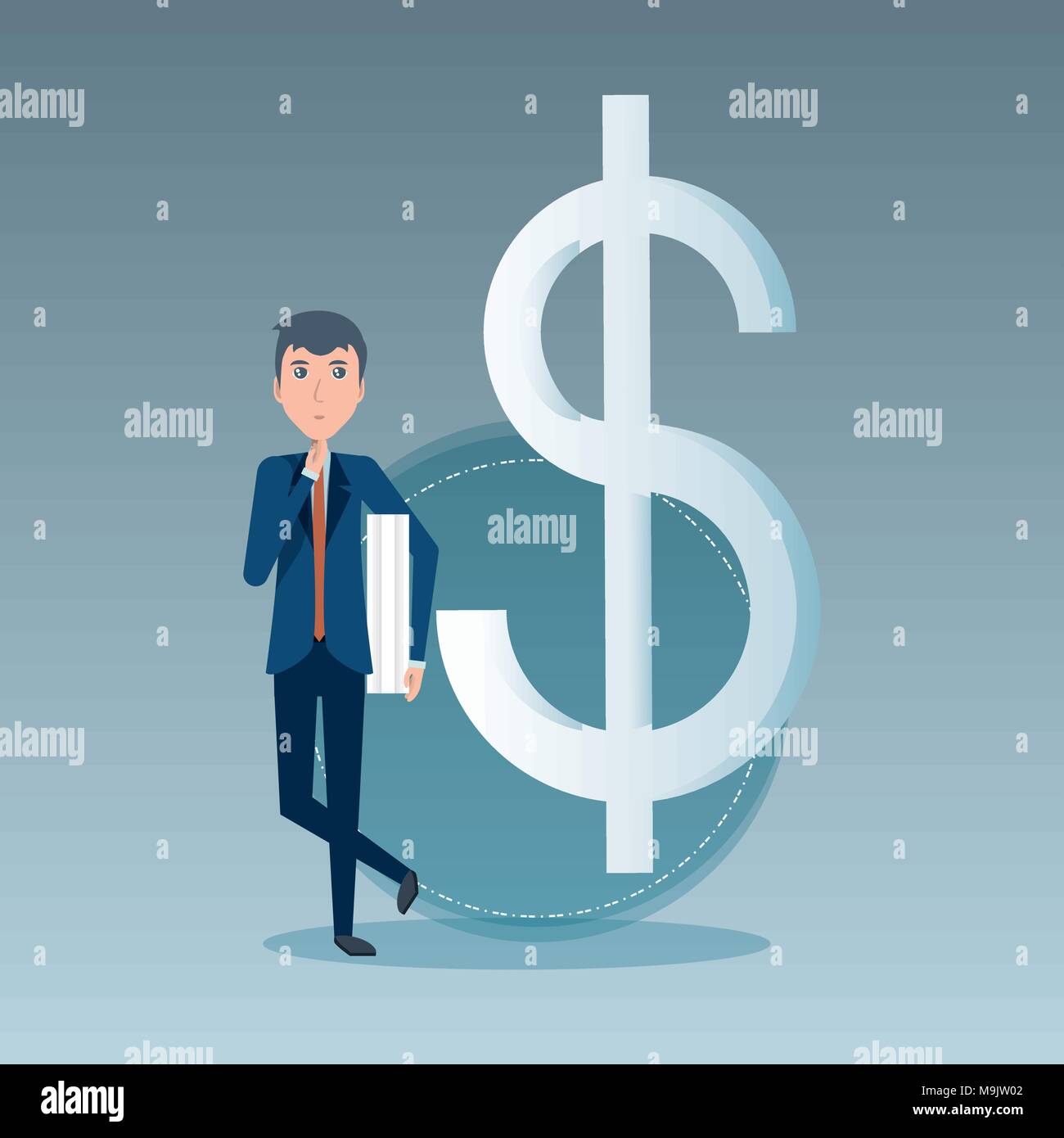 cartoon businessman standing at money symbol over gray background ...