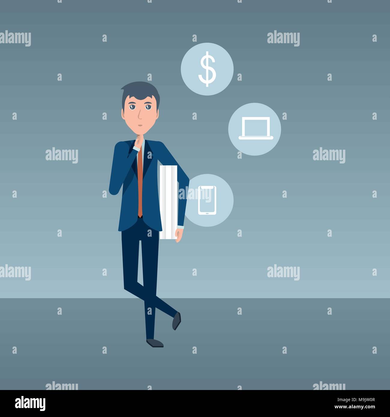 cartoon businessman standing with business related icons around over ...