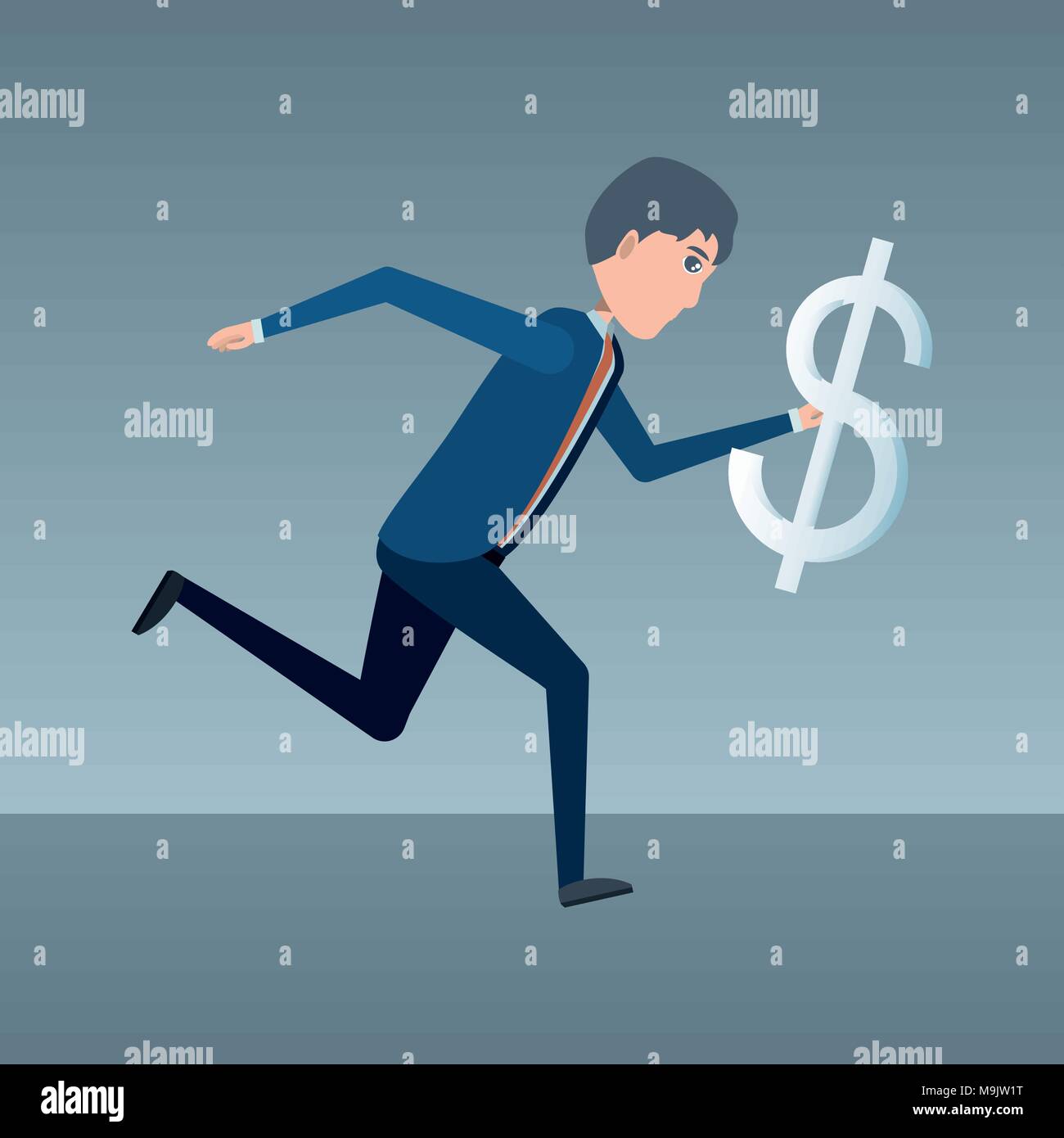 cartoon businessman running and holding a money symbol over gray ...