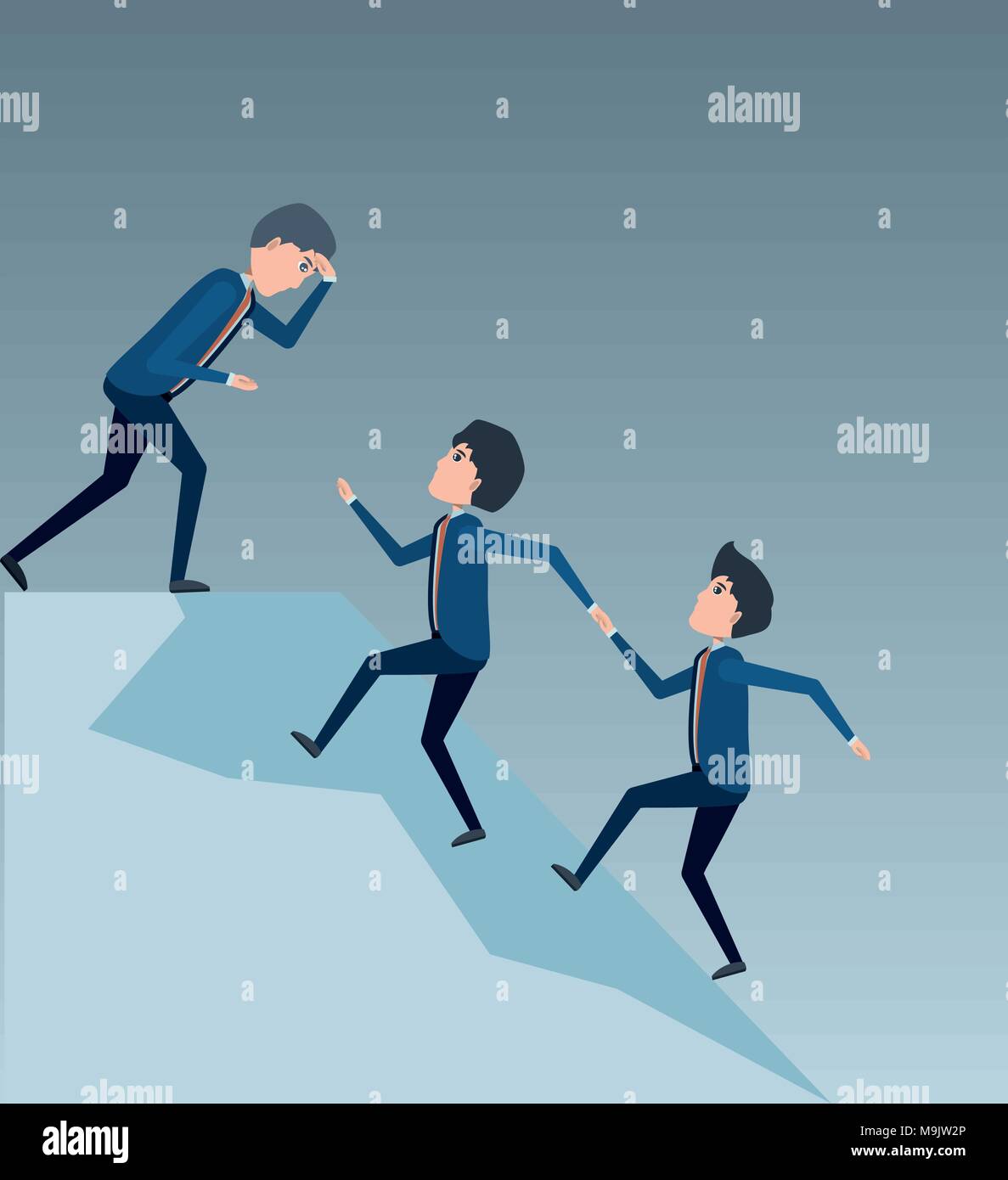 teamwork design with cartoon businessmen running to the top over gray ...