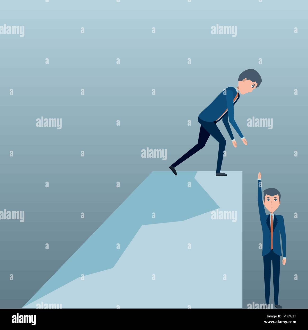 cartoon businessman helping other businessman to climb the mountaing ...