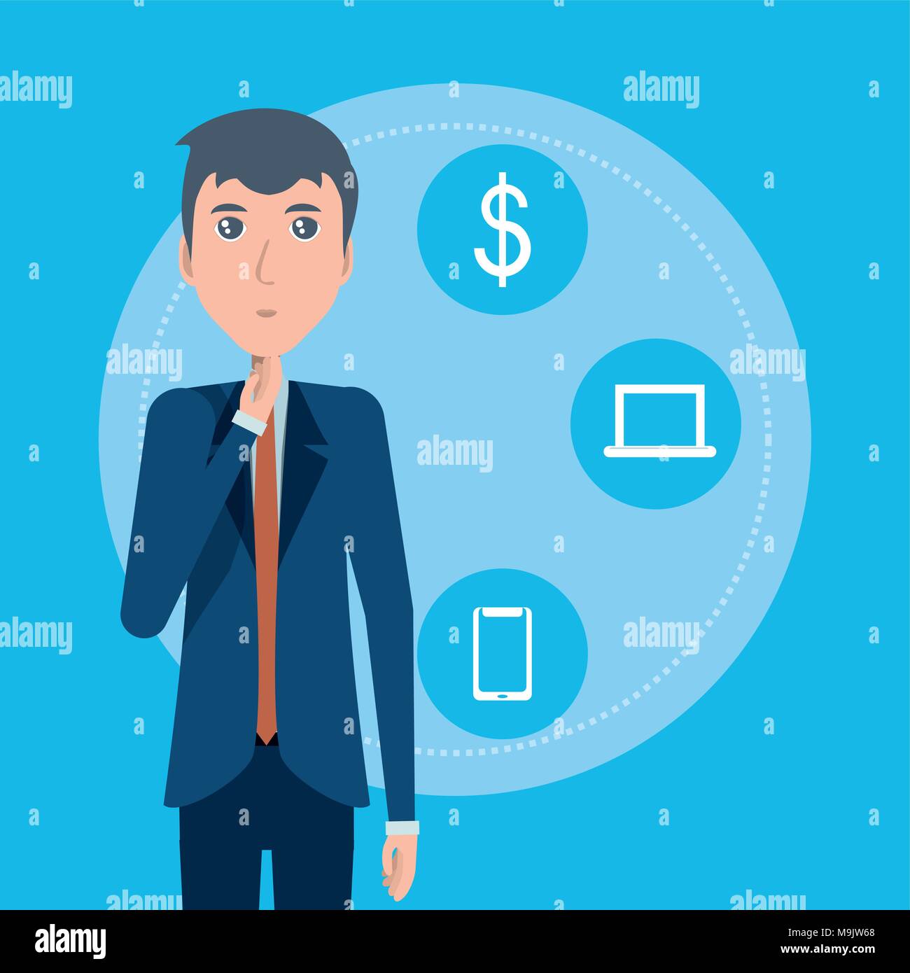Cartoon businessman with business related icons around over blue ...