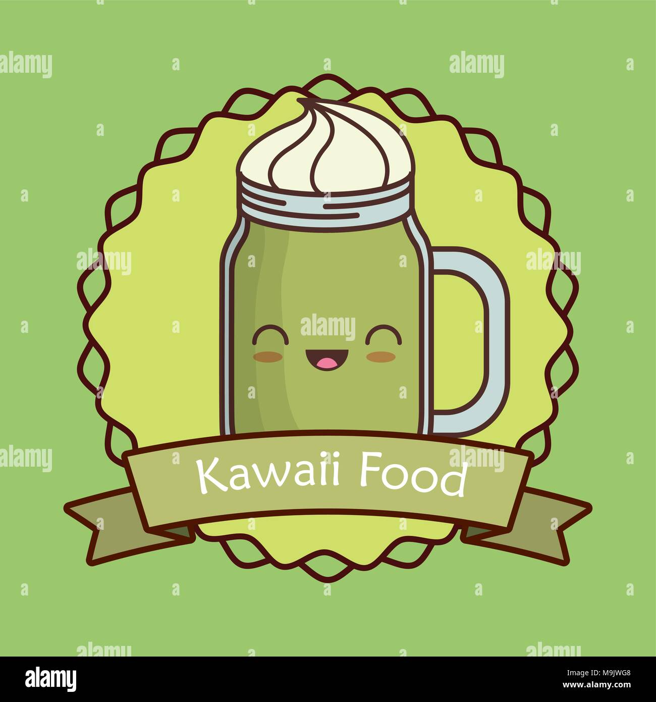 decorative frame and ribbon with kawaii smoothie jar over green ...