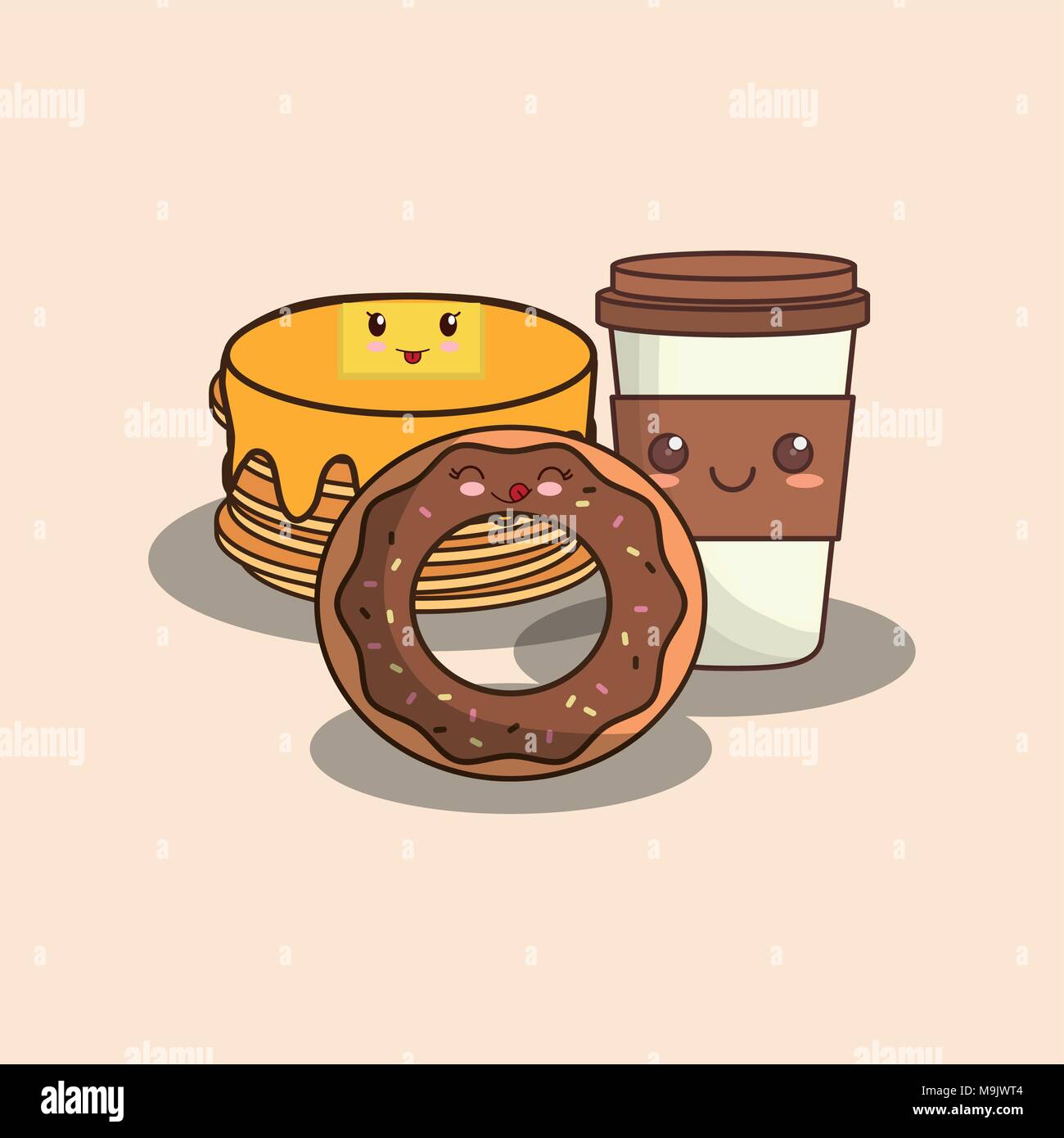 kawaii donut and pancakes with coffee cup over white background ...