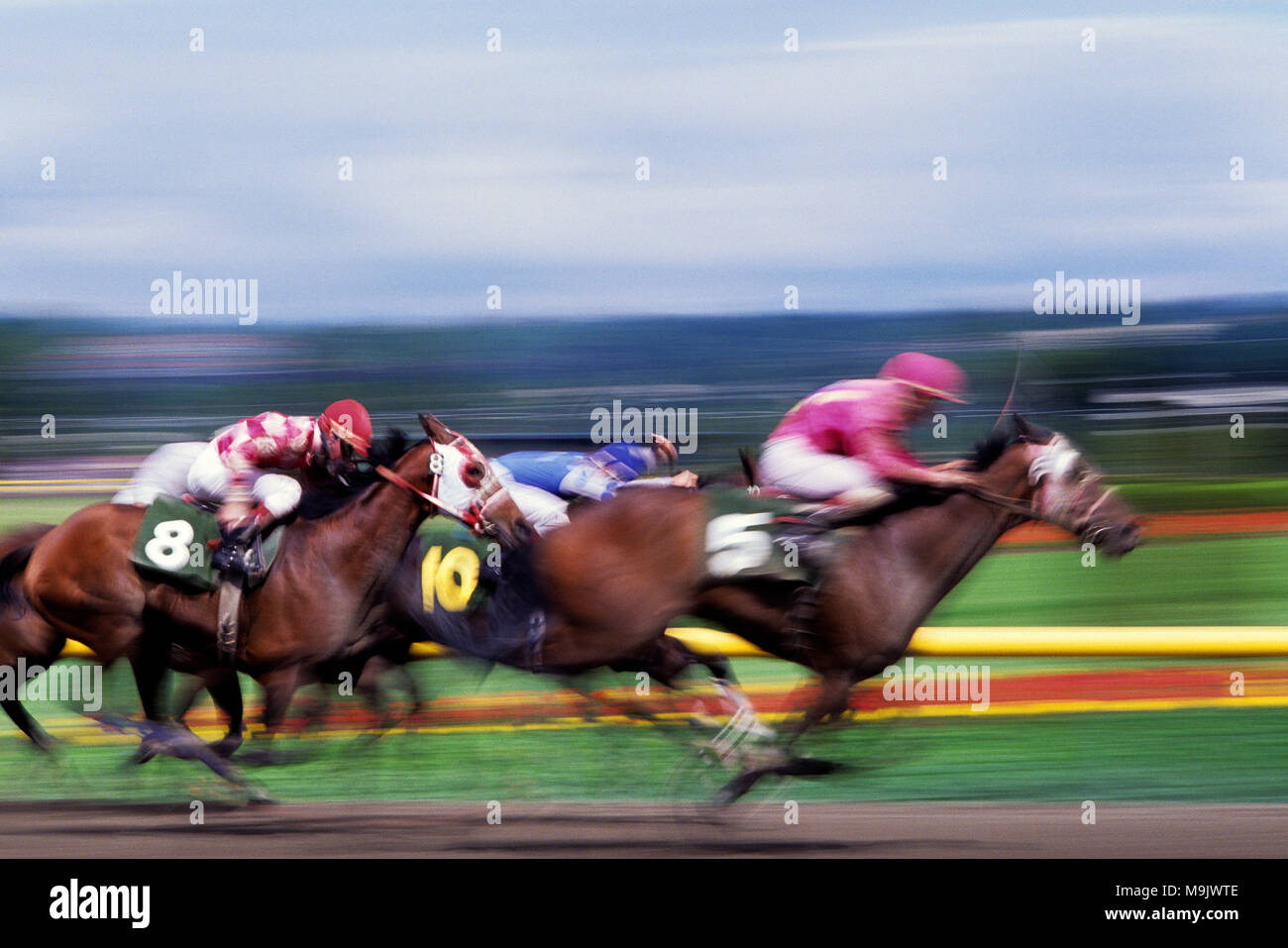Horse race with motion as the riders and horses go by Stock Photo - Alamy