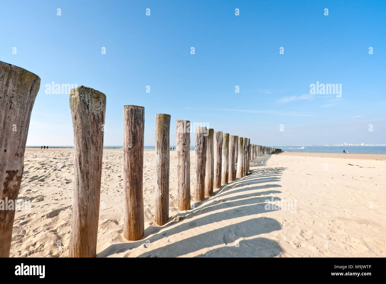 On a summer day photographed wooden breakwater on a beach along the ...