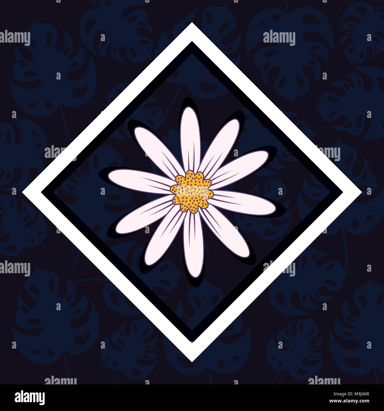 decorative rhombus frame with beautiful flower over tropical leaves ...