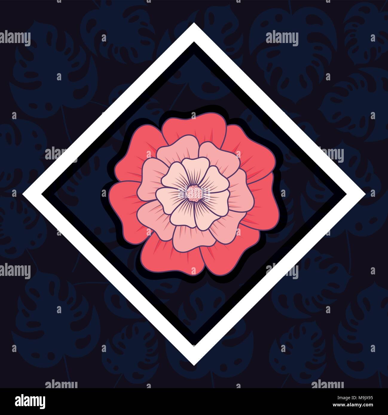 decorative rhombus frame with beautiful flower over tropical leaves ...