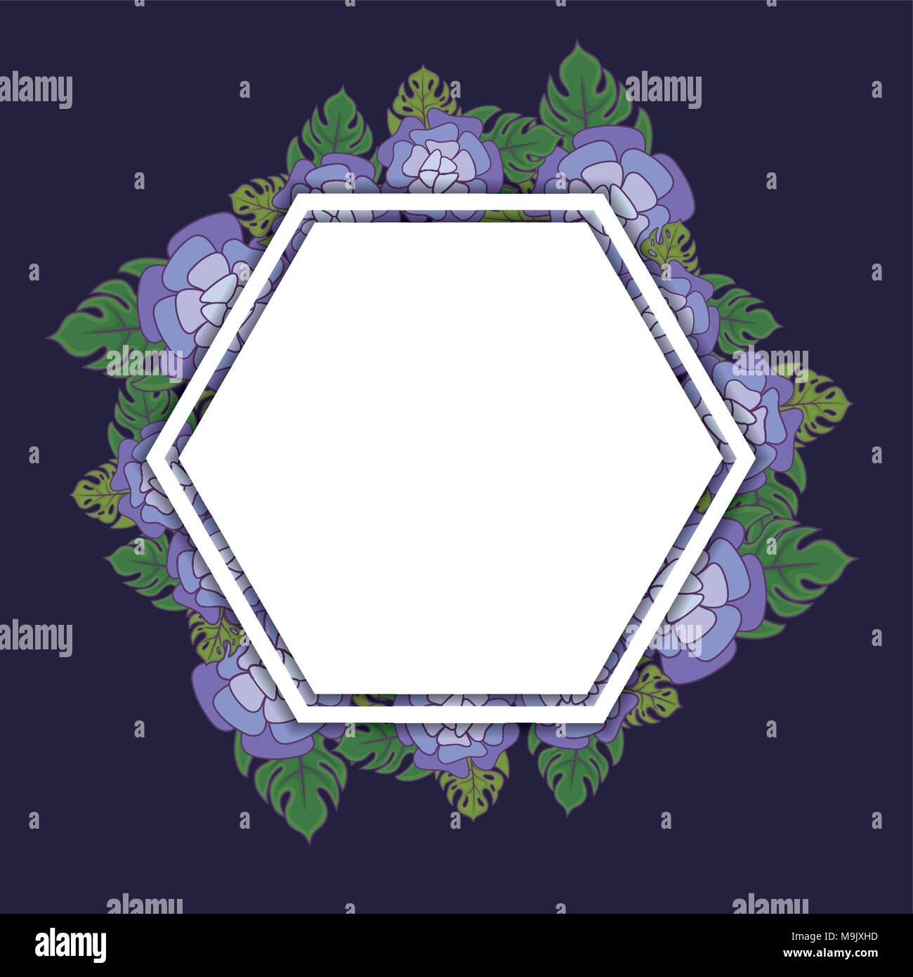 decorative hexagonal frame with flowers and leaves around over blue ...