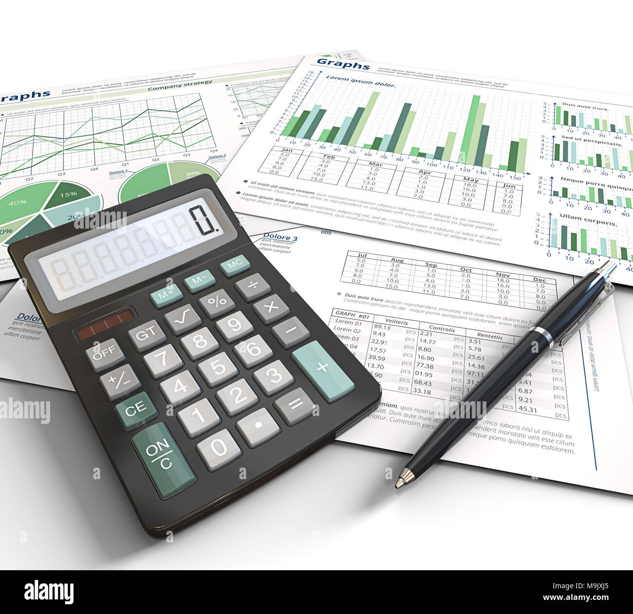 3d Illustration of Financial documents, graphs and pie charts on white ...