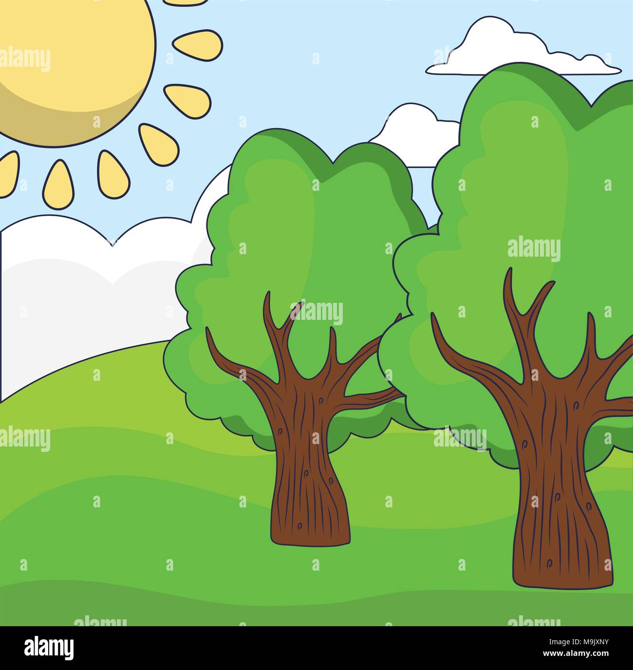 Hand draw design of landscape with trees and sun, colorful design ...