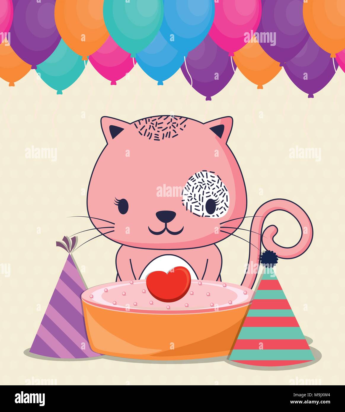 Happy birthday design with decorative balloons and cute cat with cake ...