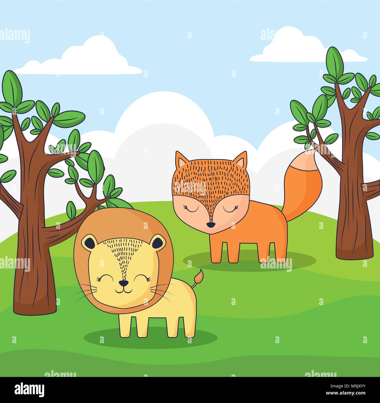 cute lion and fox at the forest, colorful hand draw design, vector ...