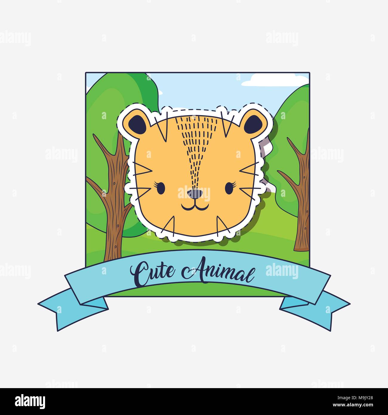 cute animals design with cute tiger icon and decorative ribbon over ...