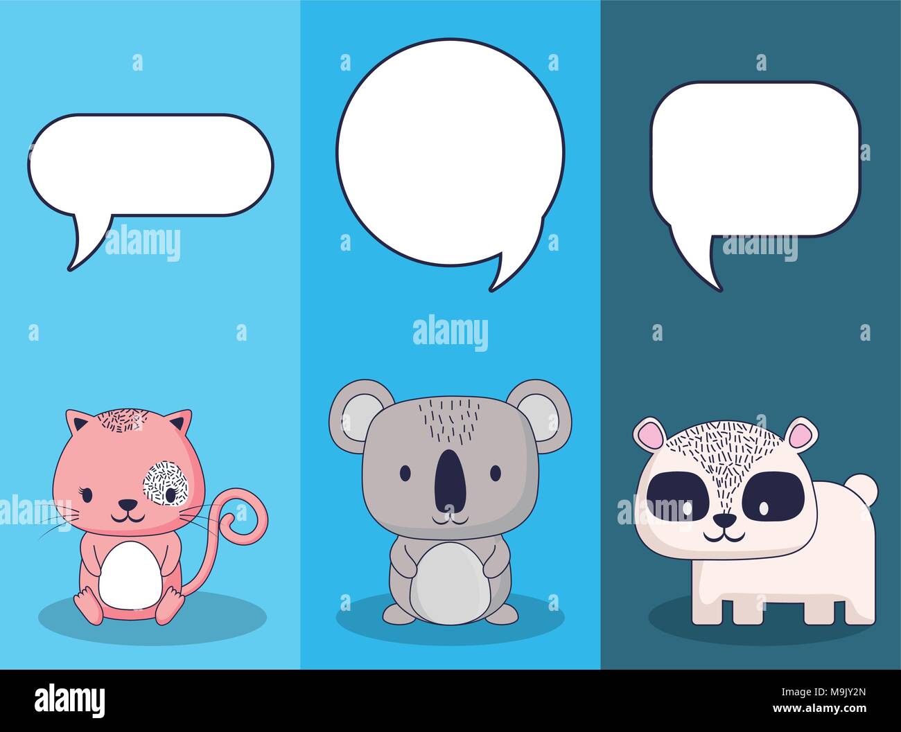 cute cat and animals with speech bubble over blue background, colorful ...