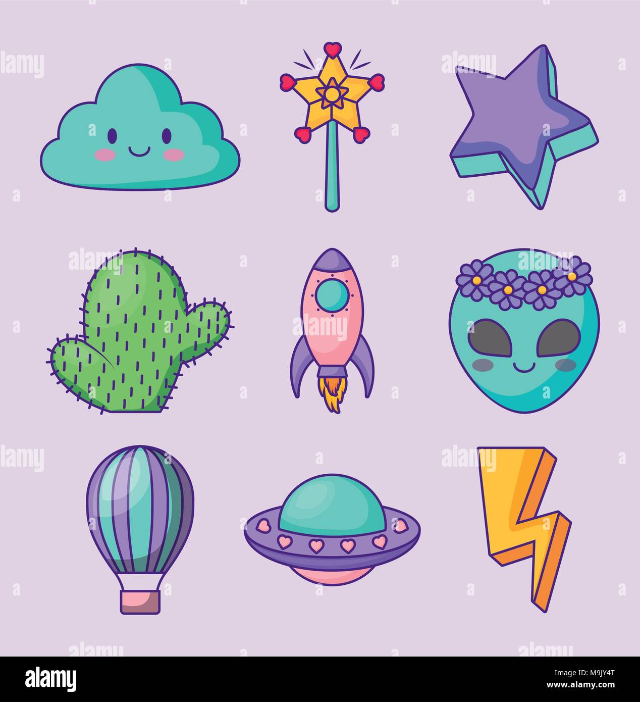 icon set of cute related icons over purple background, colorful design ...
