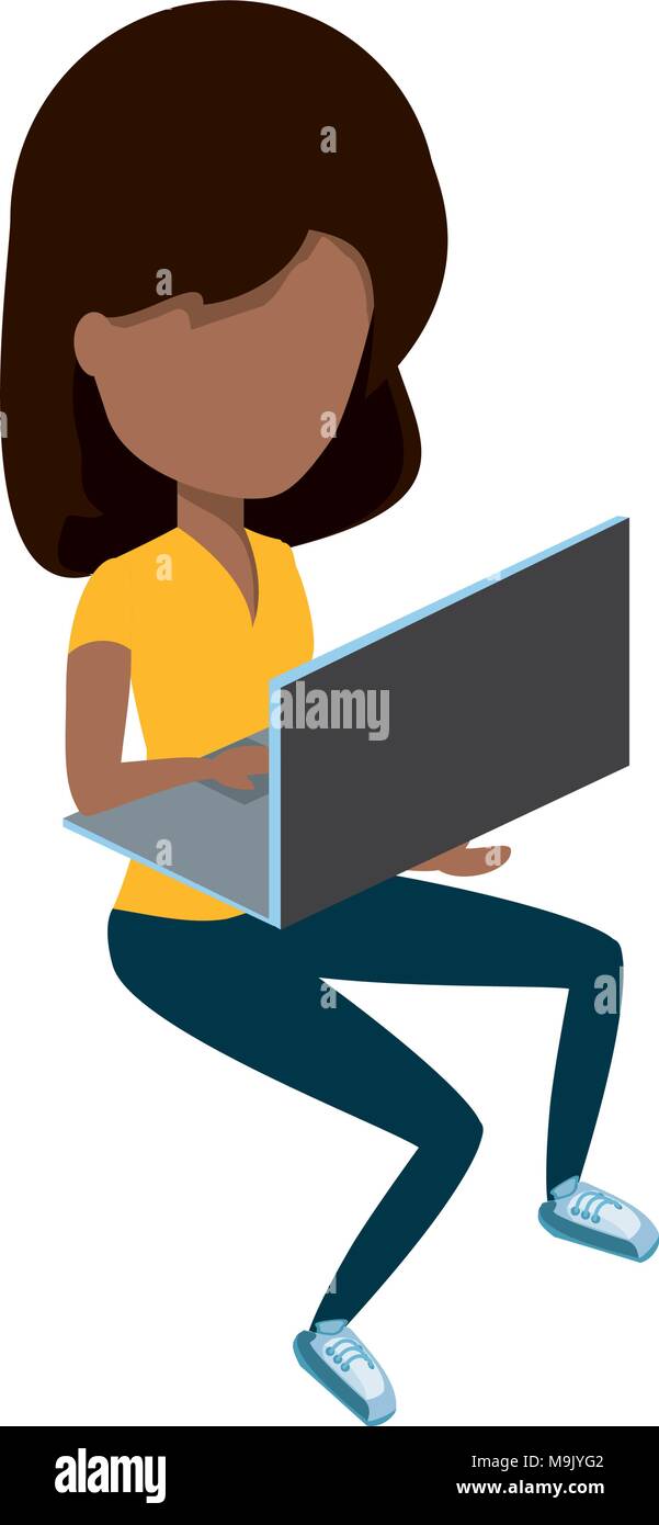 avatar woman sitting and using a laptop computer over white background ...
