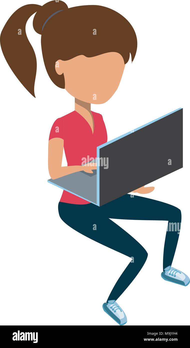 avatar woman sitting and using a laptop computer over white background ...