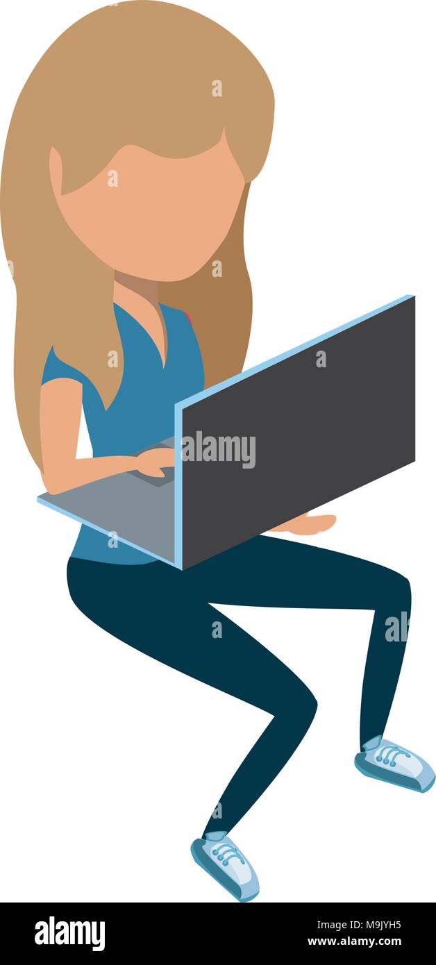 avatar woman sitting and using a laptop computer over white background ...