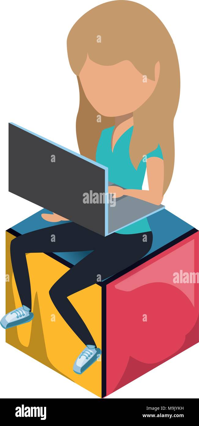 avatar woman sitting on a cube seat and using a laptop computer over ...