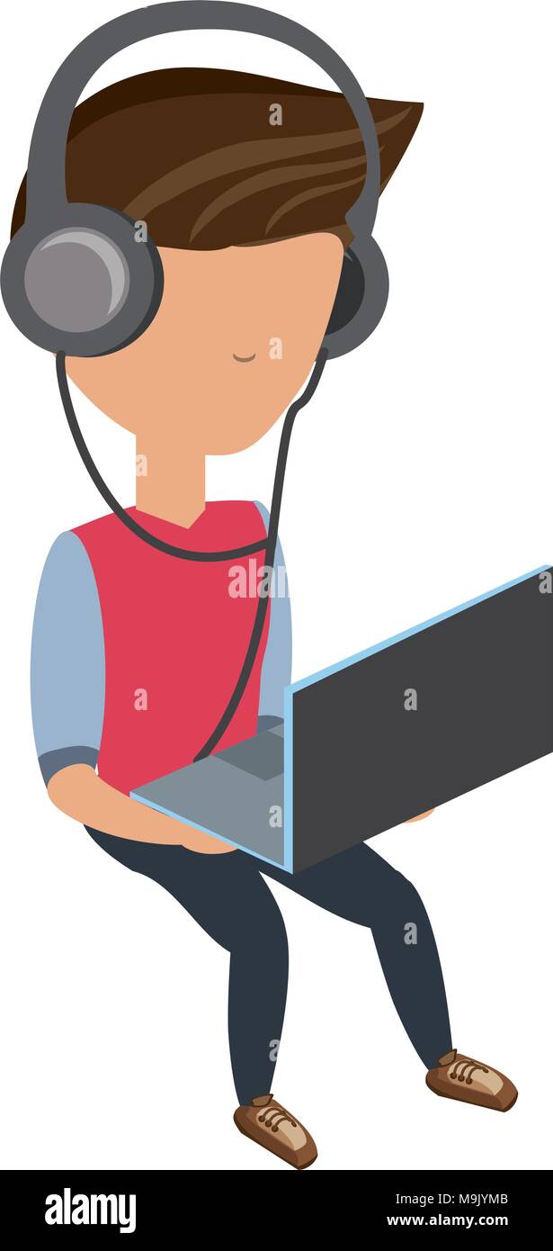 avatar young man sitting and using a laptop computer and headphones ...