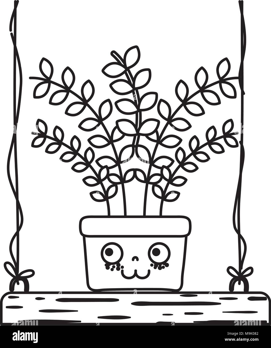 line kawaii smile plant with leaves in the swings Stock Vector Image ...