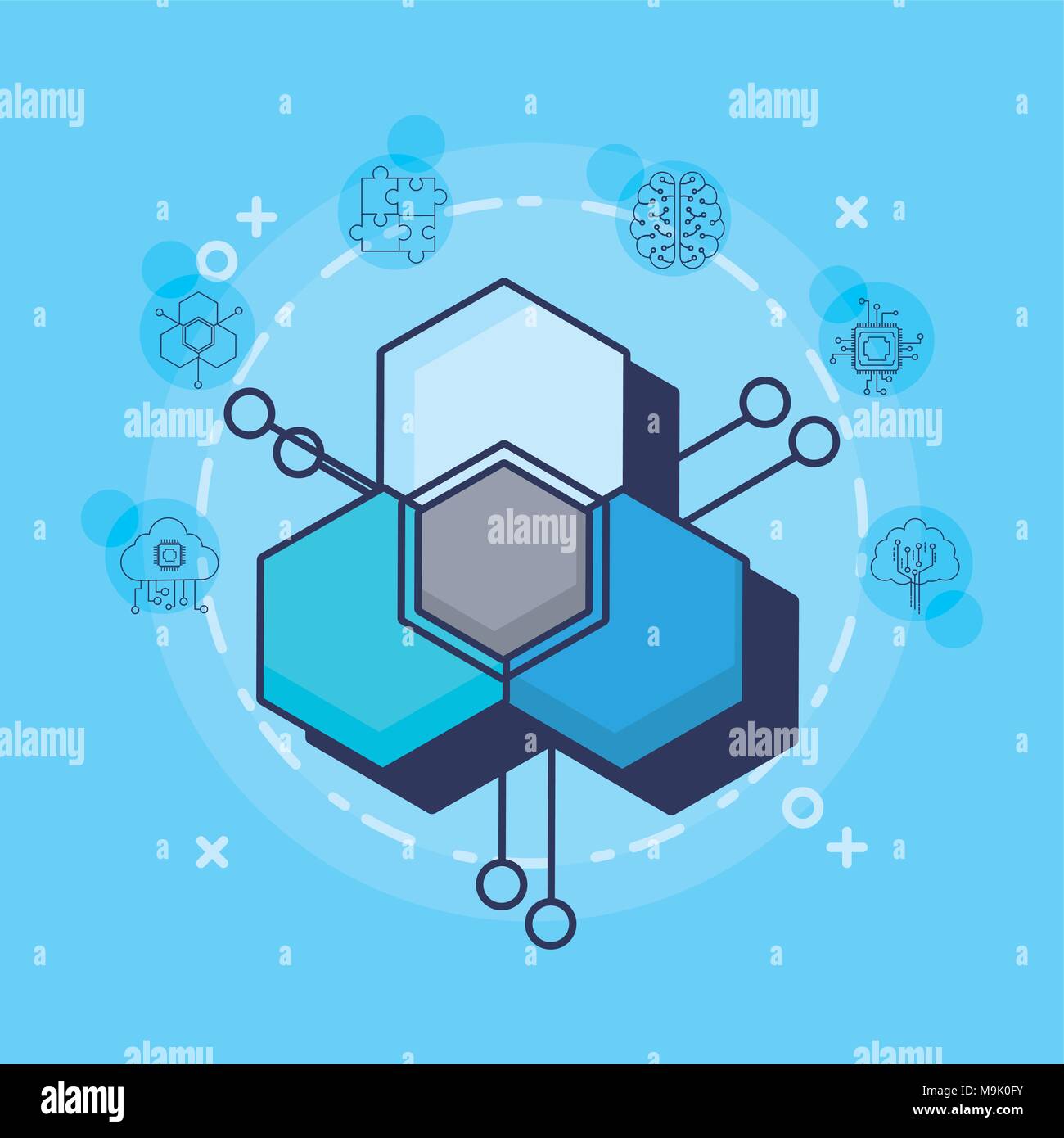 Artificial intelligence related icons over blue background, colorful ...