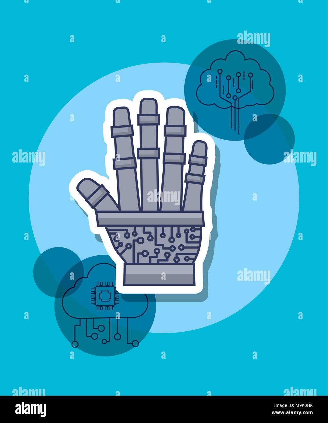 robotic hand and related icons over blue background, colorful design ...