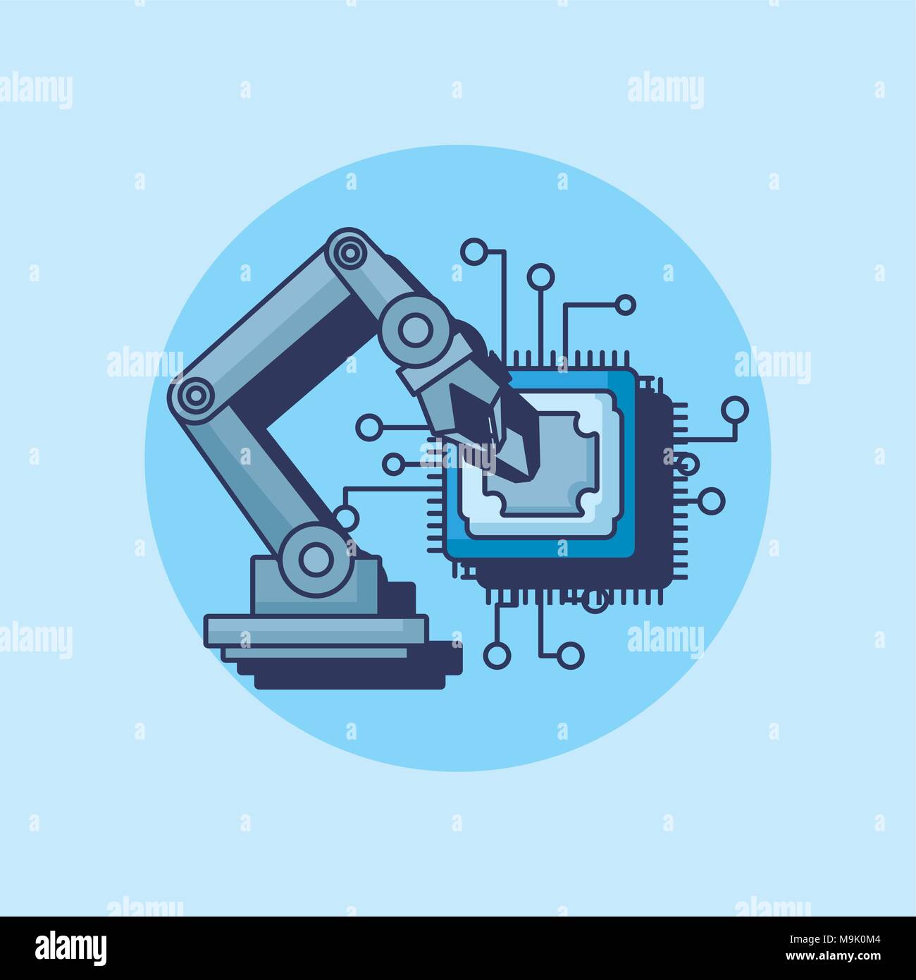 Robotic arm with electronic chip over blue background, colorful design ...