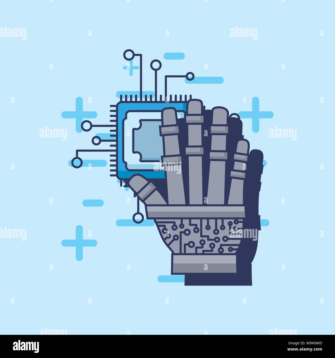 robotic hand and electronic chip over blue background, colorful design ...