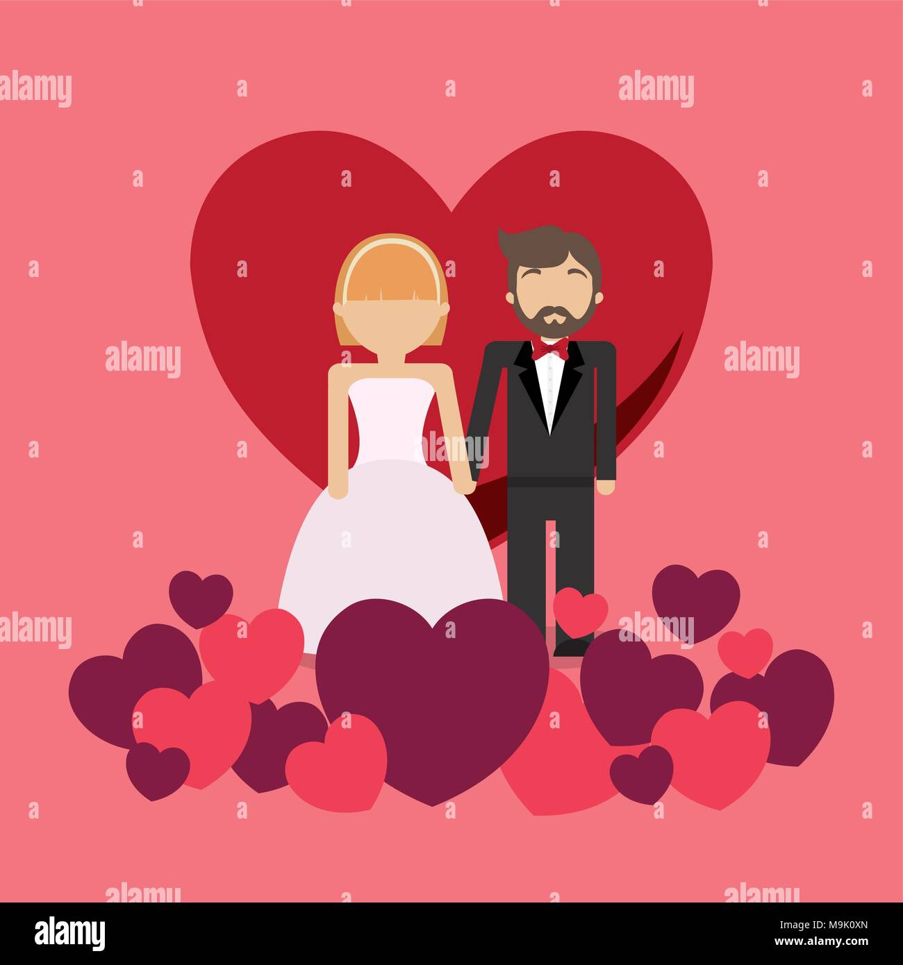 avatar wedding couple over red heart and pink background, colorful ...