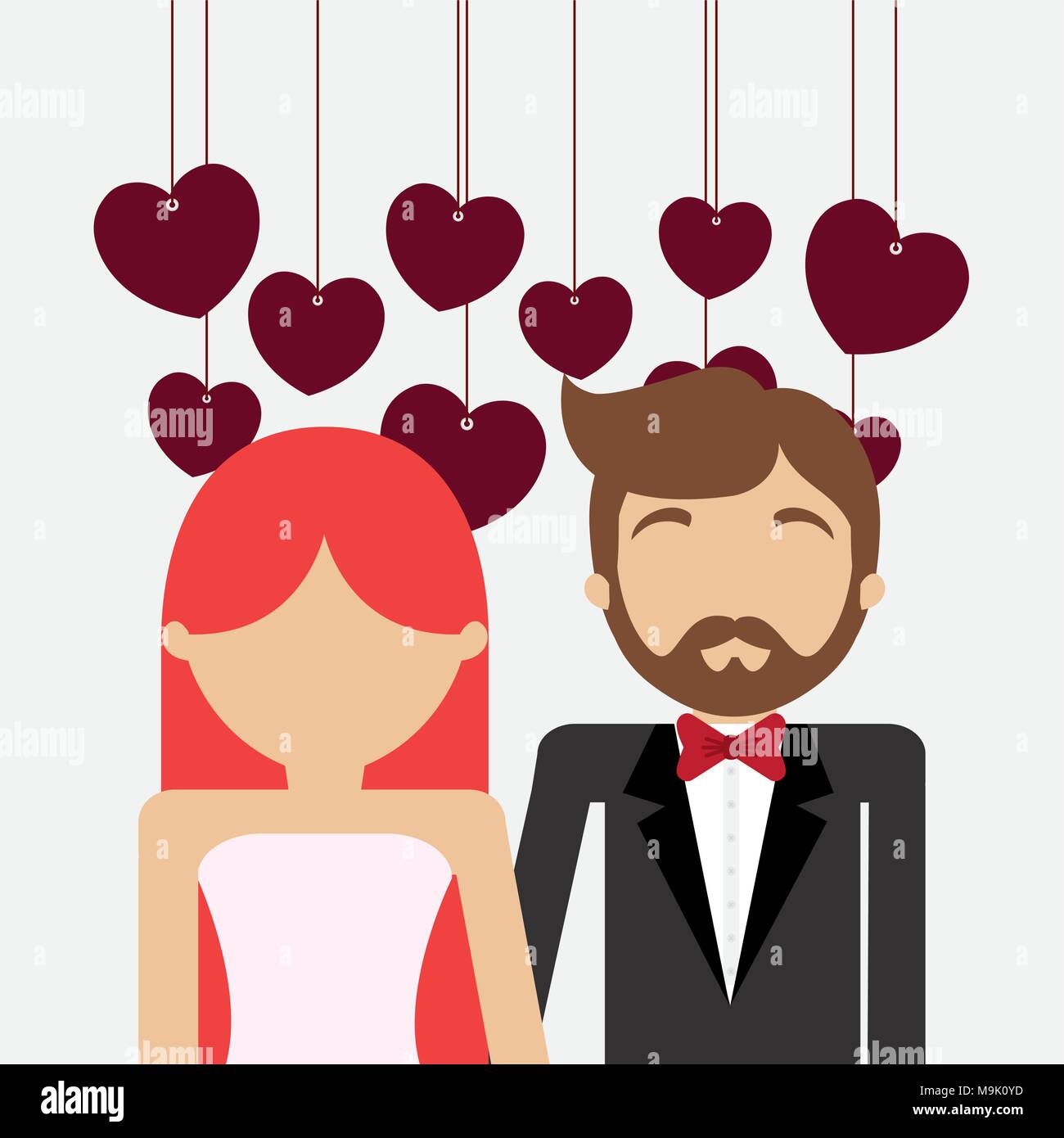 avatar wedding couple and decorative hearts hanging over white ...