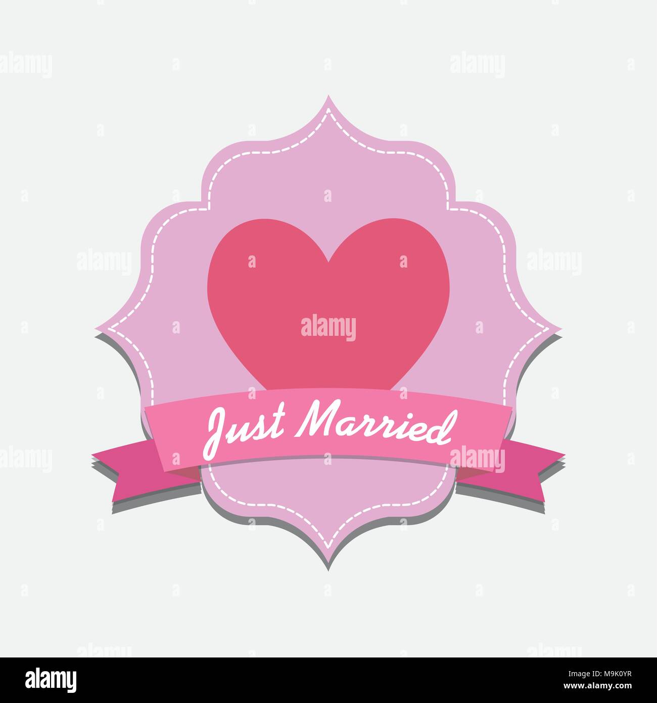 Just married design with heart and decorative frame and ribbon over ...