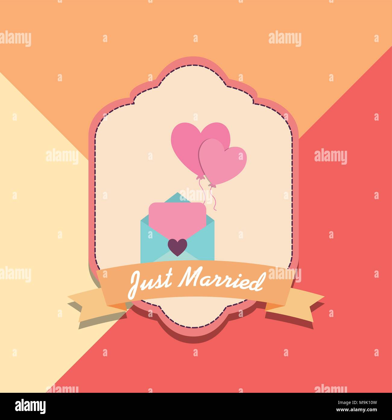 Just married design with envelope and decorative frame over colorful ...