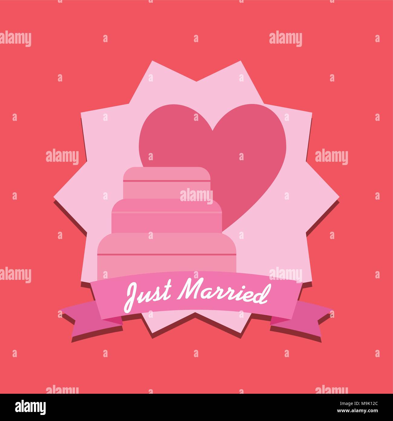 Wedding cake and heart over decorative frame and red background ...