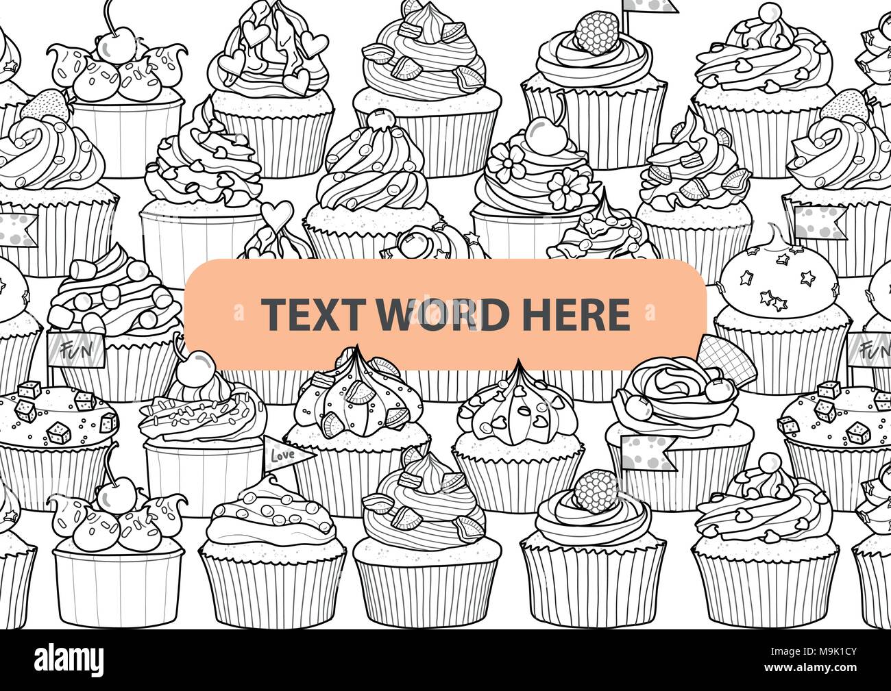 Cute cupcakes in black outline on white background and space for text ...