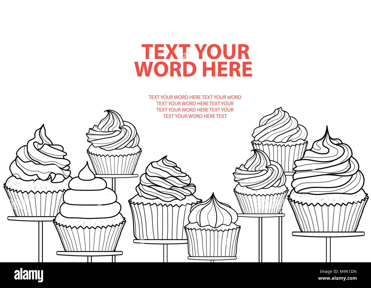7 styles of cupcakes in black outline put on stands on white background ...