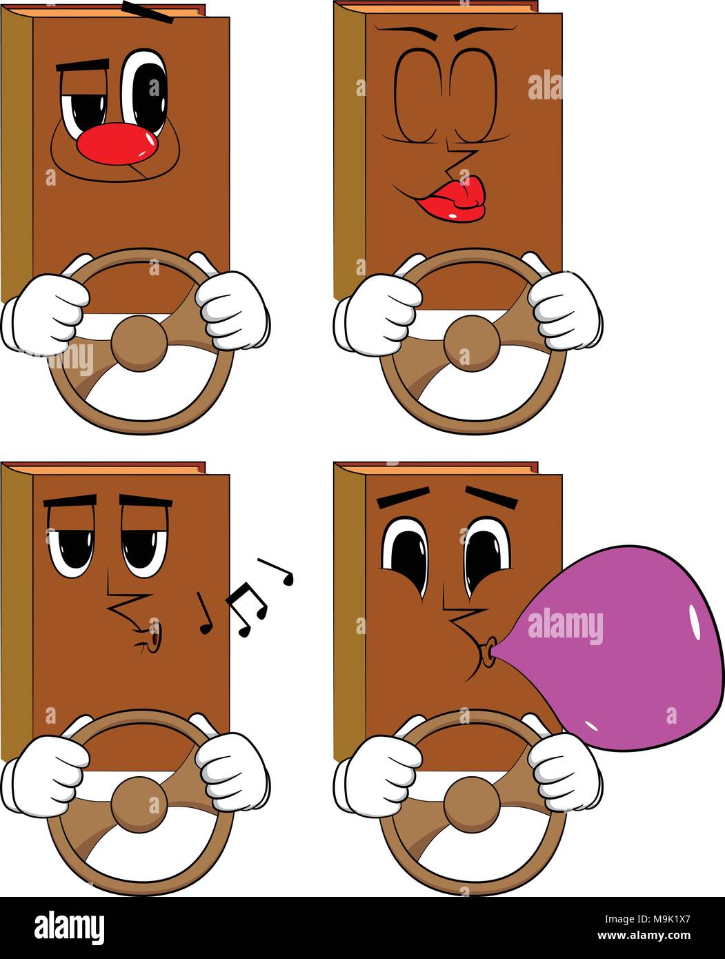 Books driving, holding a steering wheel. Cartoon book collection with ...