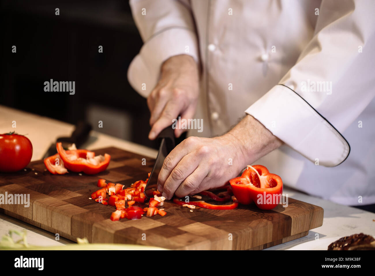 closeup image of man showing master class of cutting vegetables. cut ...