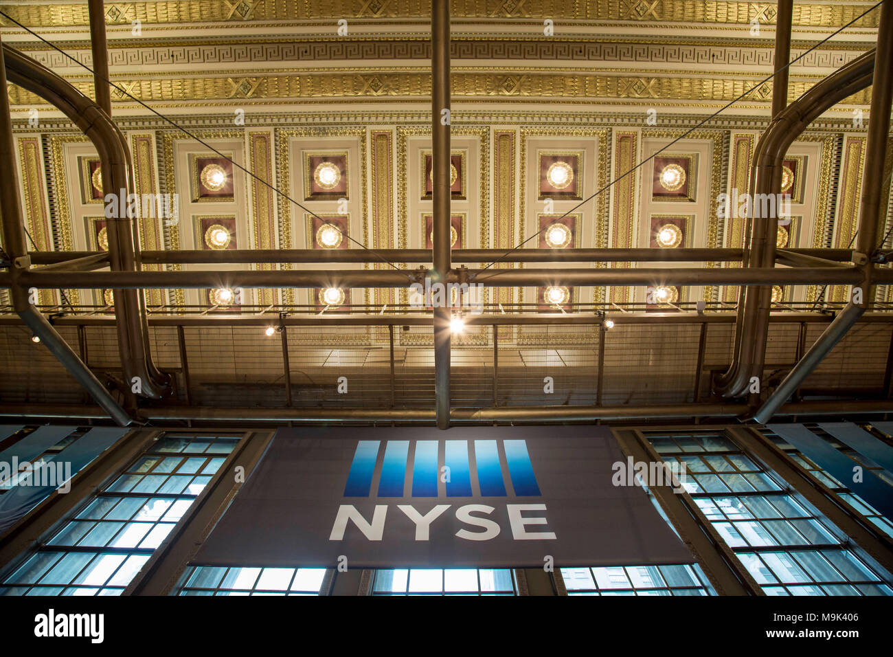 Gilded architectural details and branded signs overlooking the New York ...