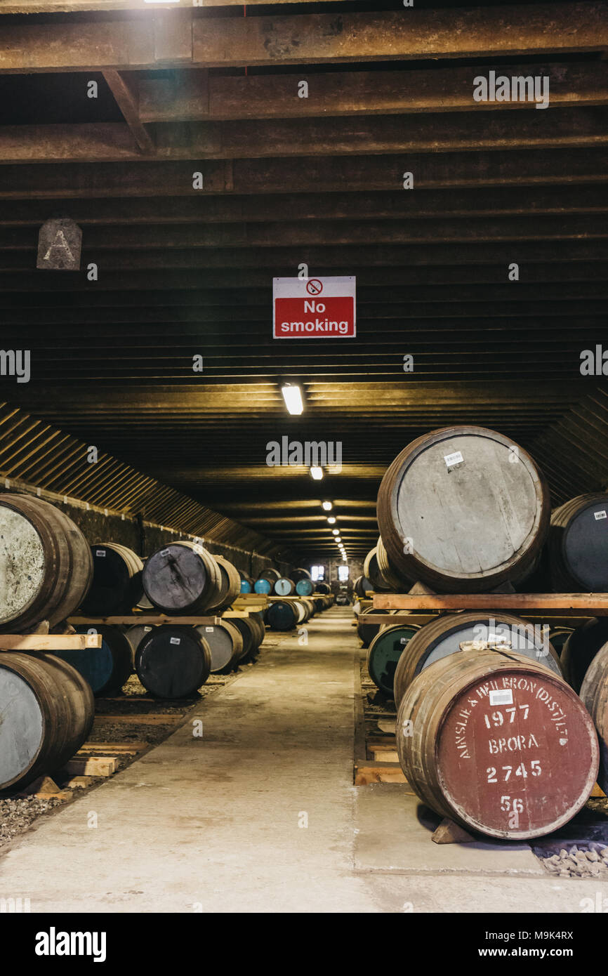 Barrels of whisky inside Brora Distillery warehouse in Scotland, rare ...