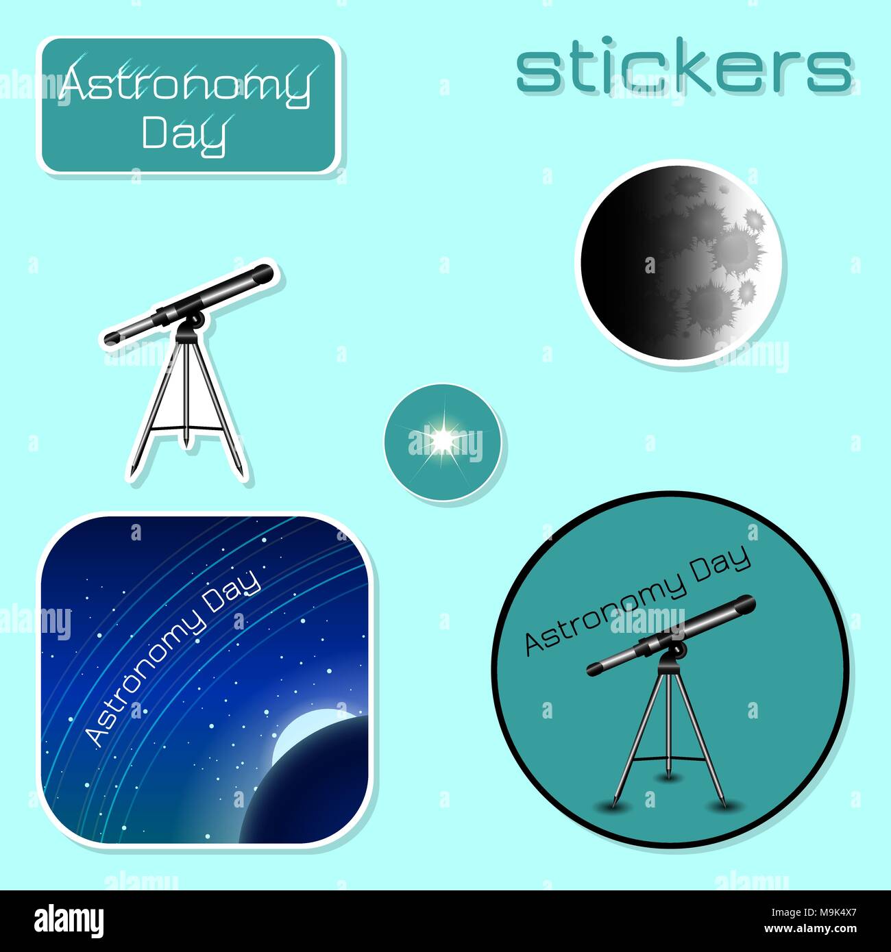 Astronomy Day. Stickers in shades of green - telescope, moon, star ...