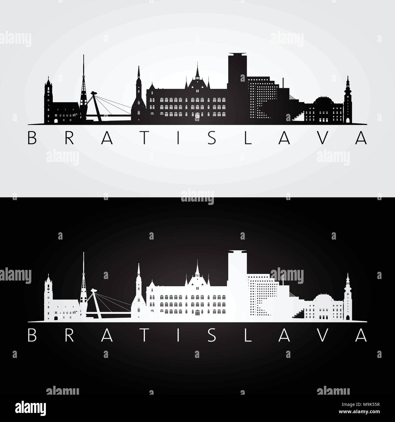 Bratislava skyline and landmarks silhouette, black and white design ...